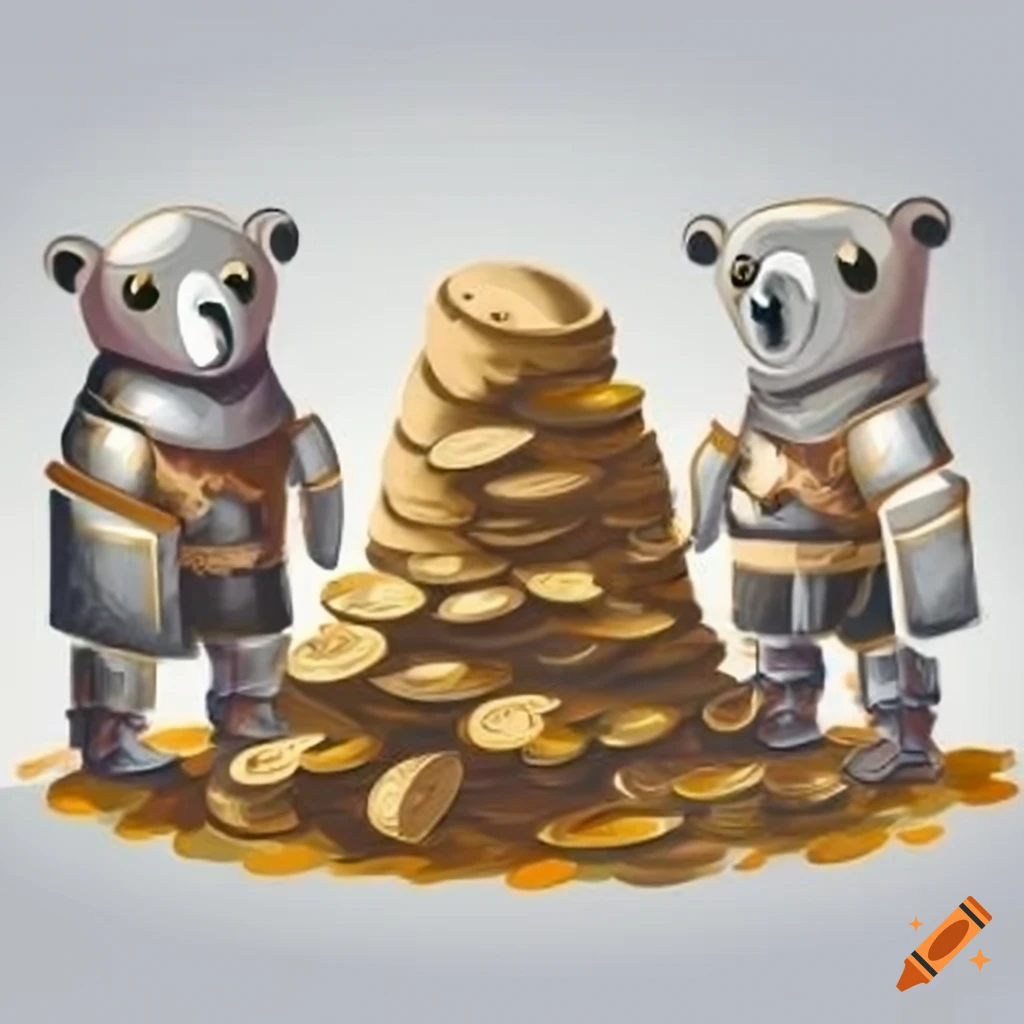 Clipart of polar bears in metal armor with gold coins on Craiyon