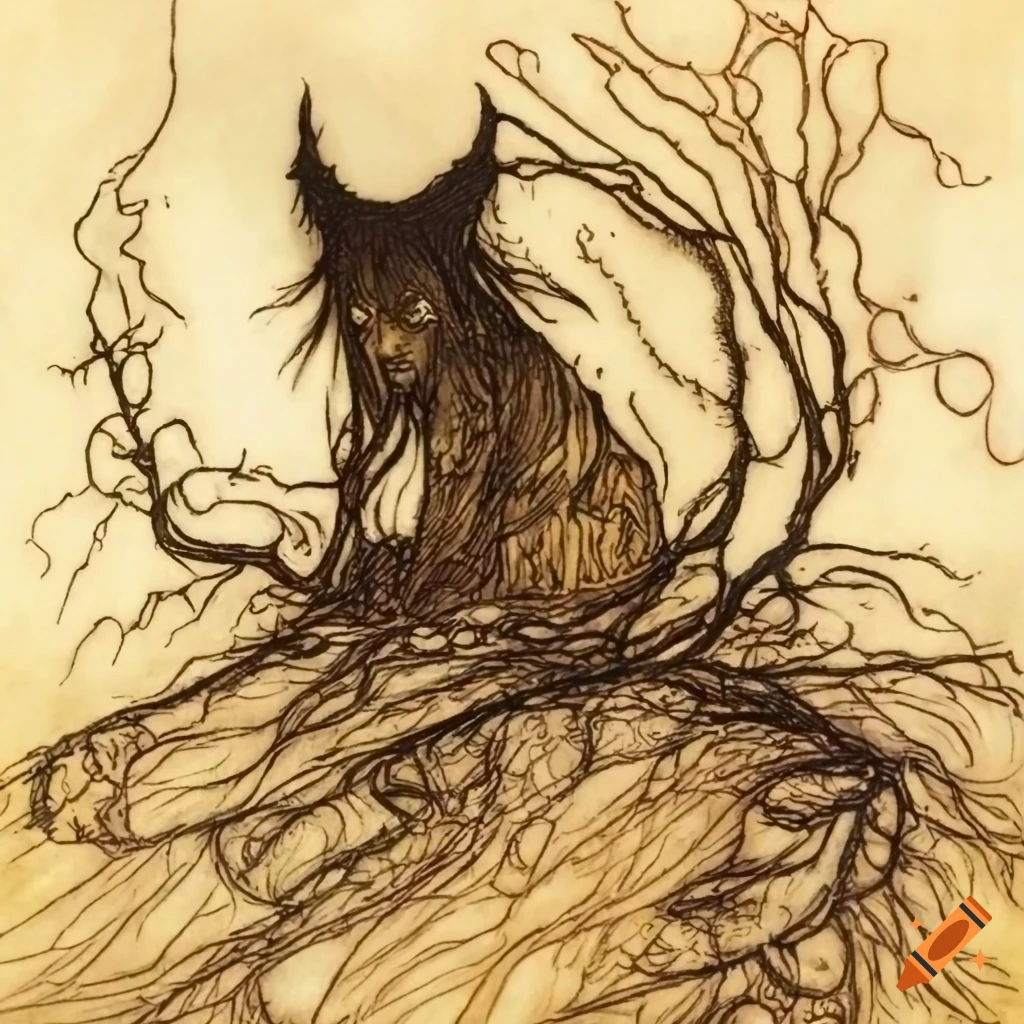 Illustration in Arthur Rackham style for Tolkien text on Craiyon
