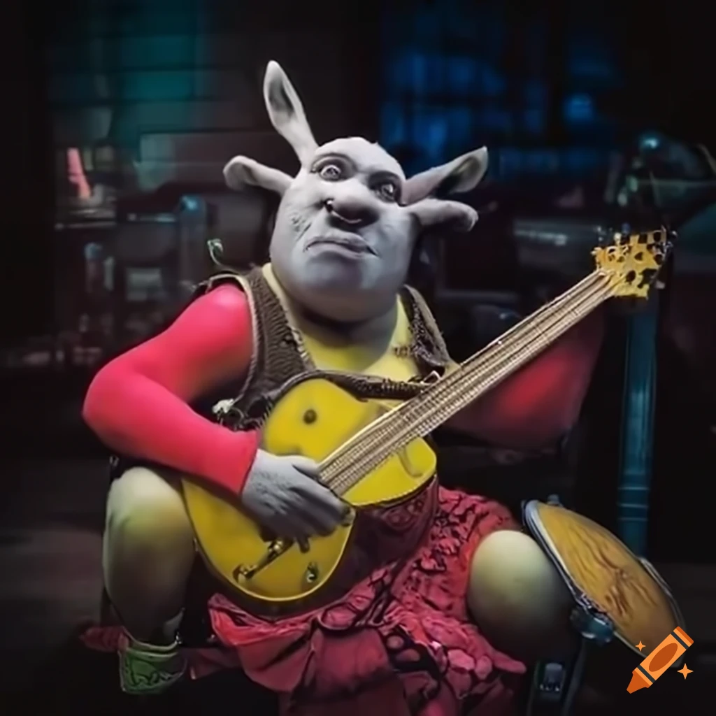 Cyberpunk shrek and donkey playing music on Craiyon