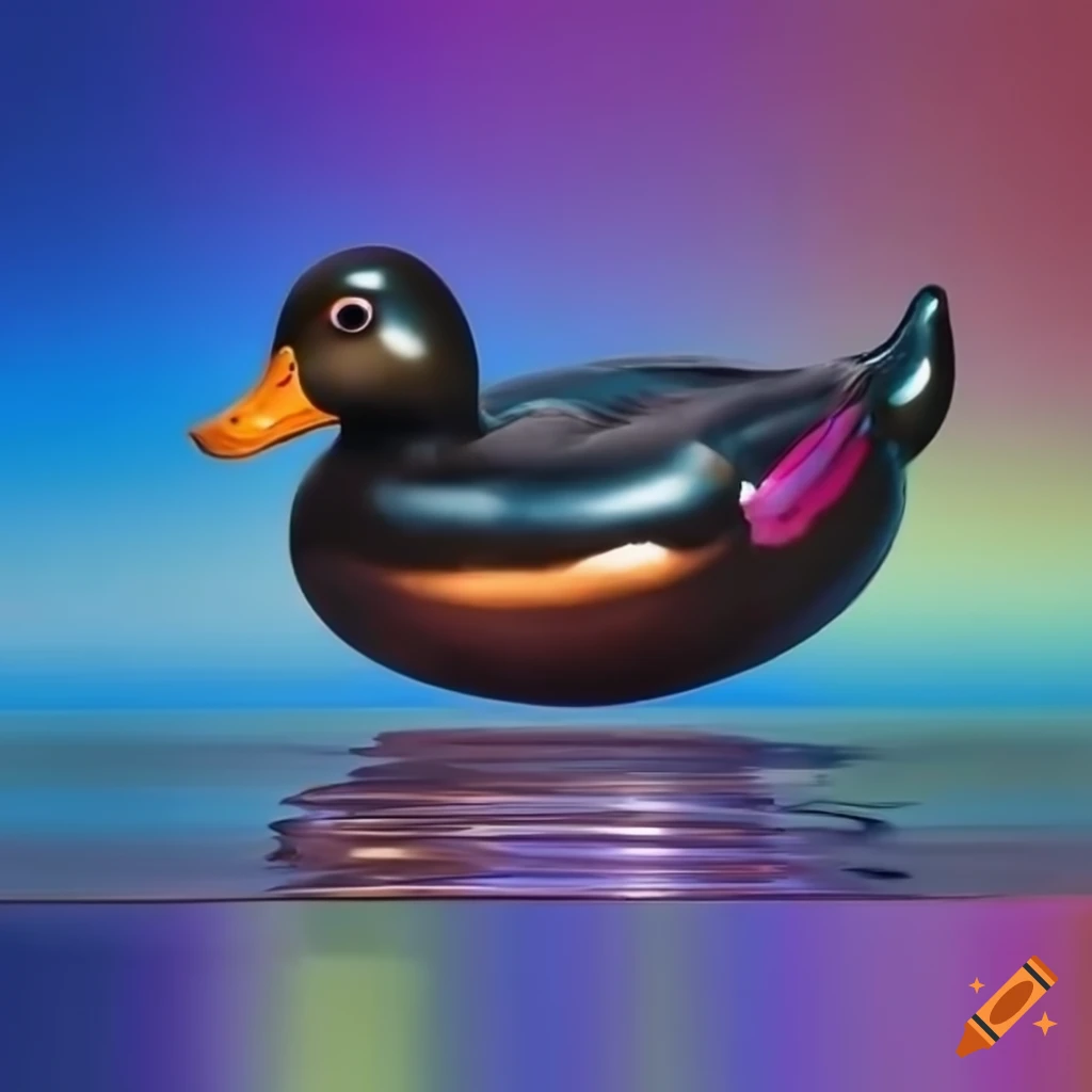 Inflated metallic black duck on a rainbow pond on Craiyon