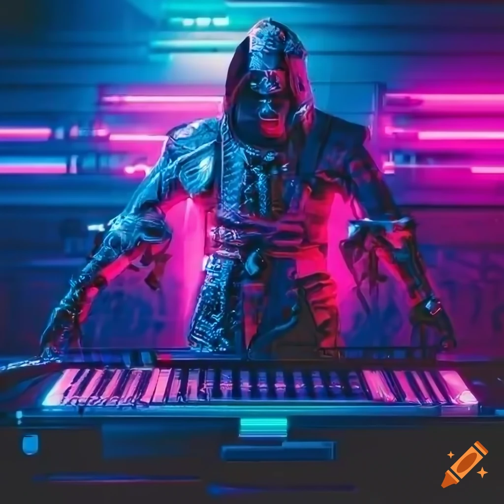 Cyberpunk jean claude van damme playing keytar on a rooftop on Craiyon