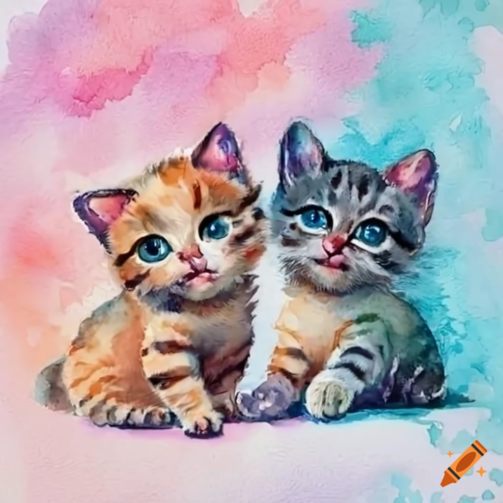 Two calm cats painted with watercolor, cats hugging each other ...