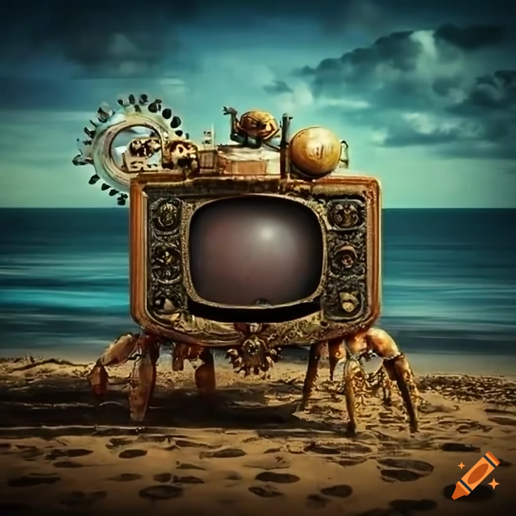 Steampunk crab machines on the beach with surreal elements on Craiyon