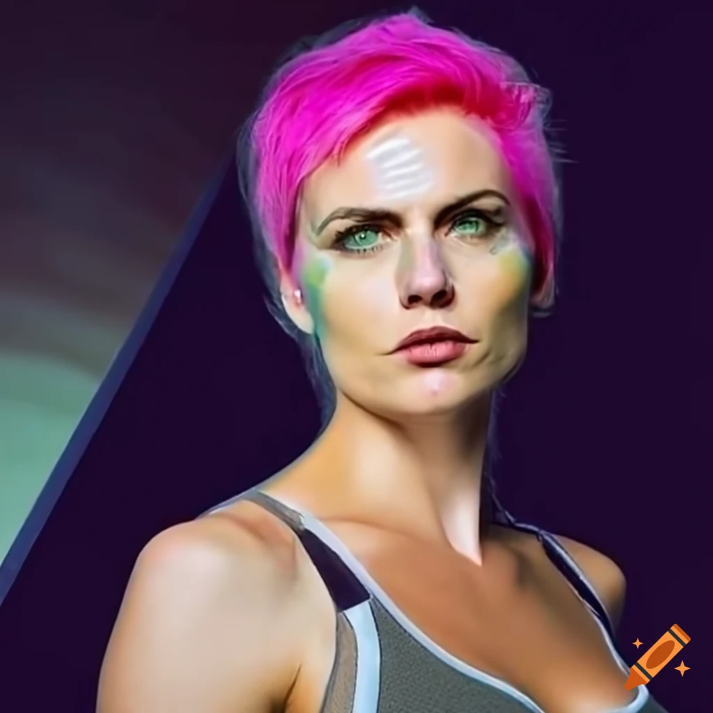 Cosplay of a futuristic android with pink hair on Craiyon