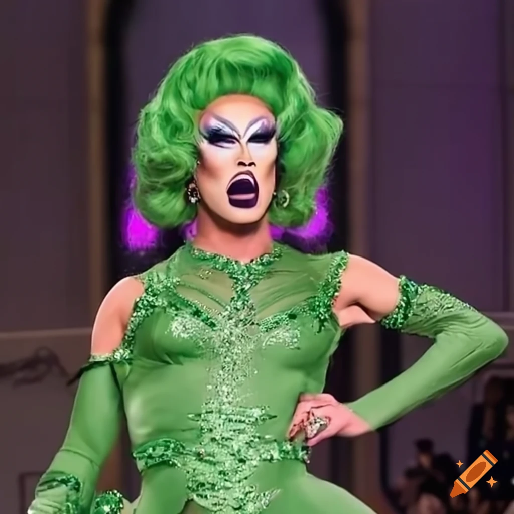 Fierce drag queen in green costume on the runway