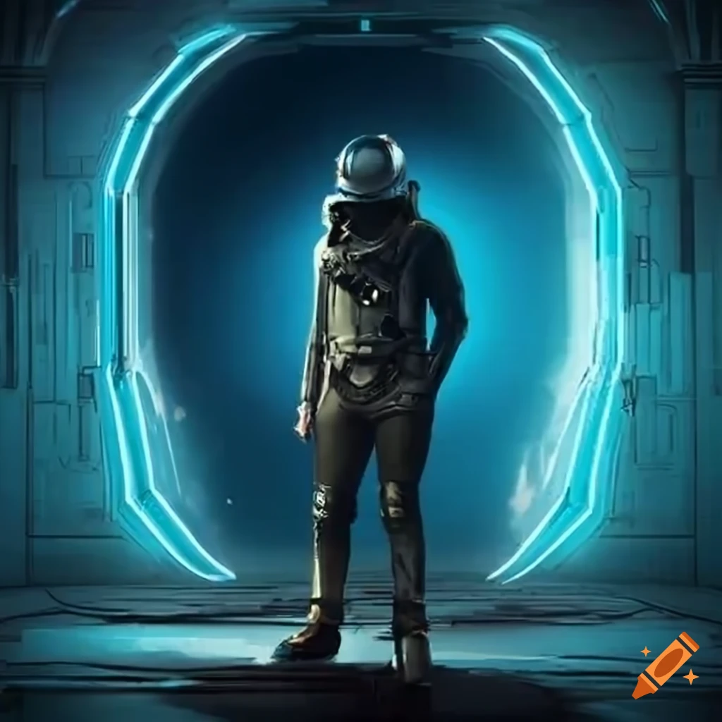 Futuristic man stepping halfway through a portal