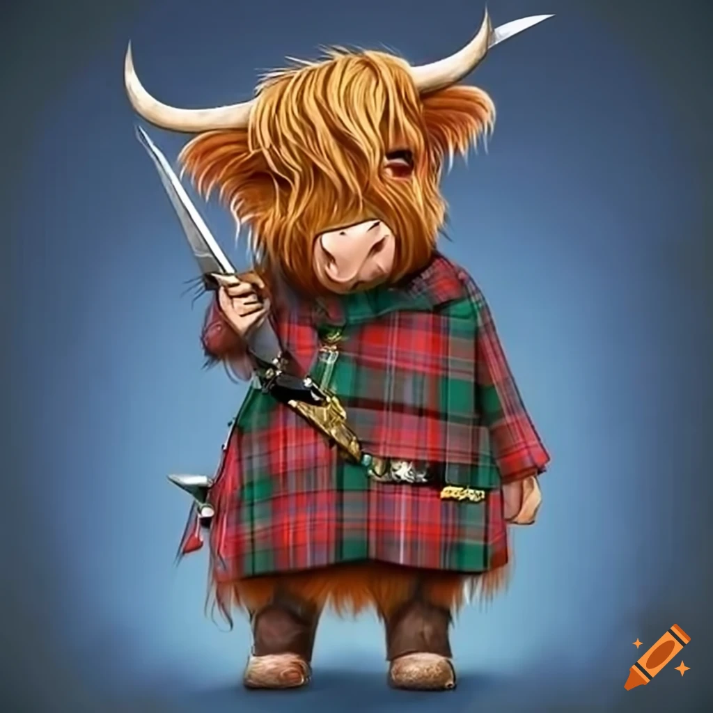 Highland cow wearing scottish kilt tartan