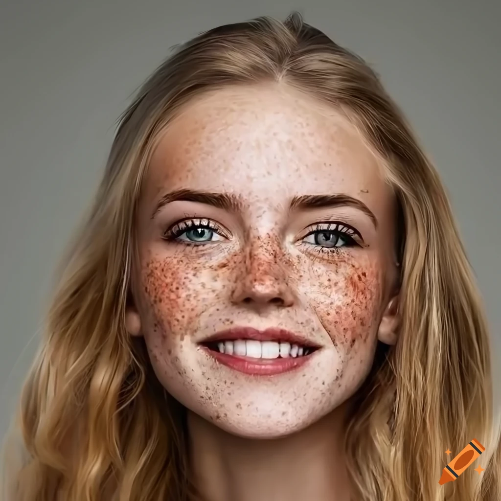 Portrait of a beautiful young woman with freckles and blonde hair