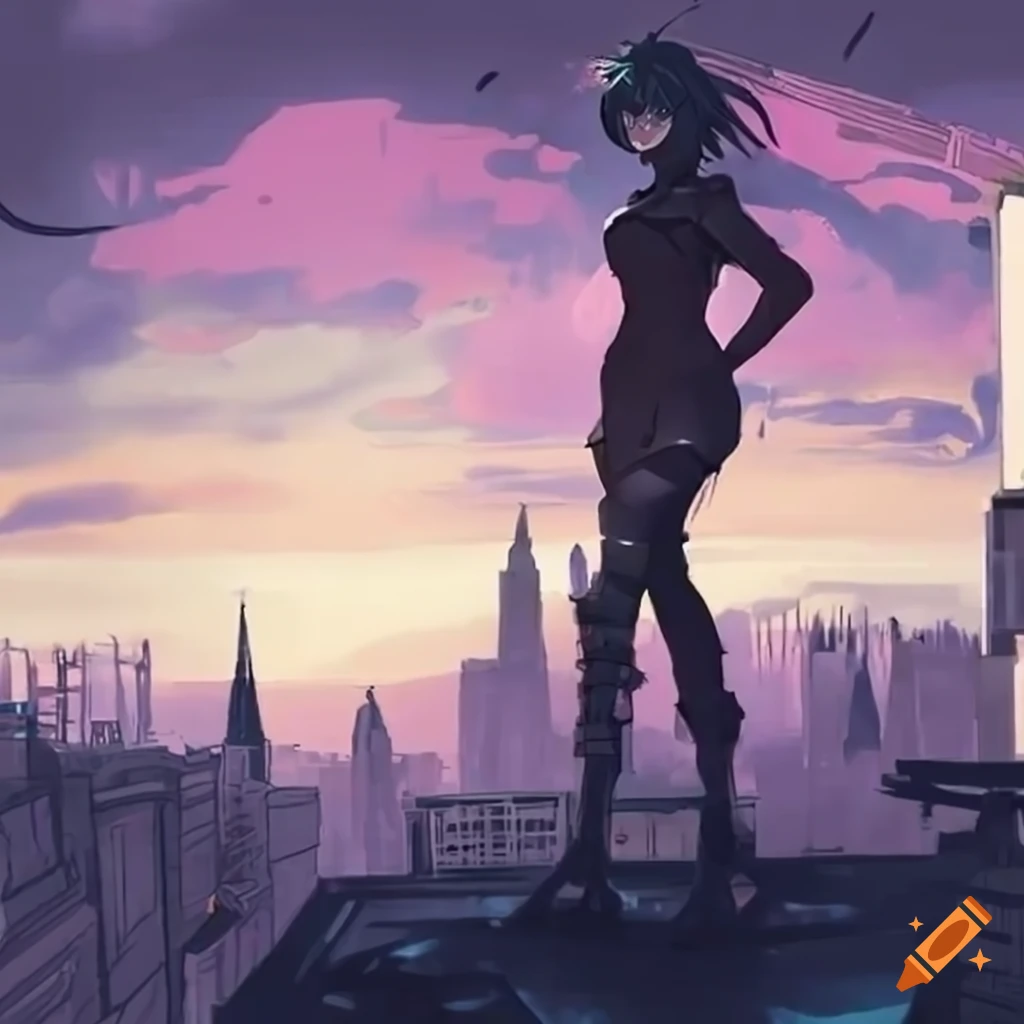 Dystopian anime landscape with a young woman and robotic legs on Craiyon
