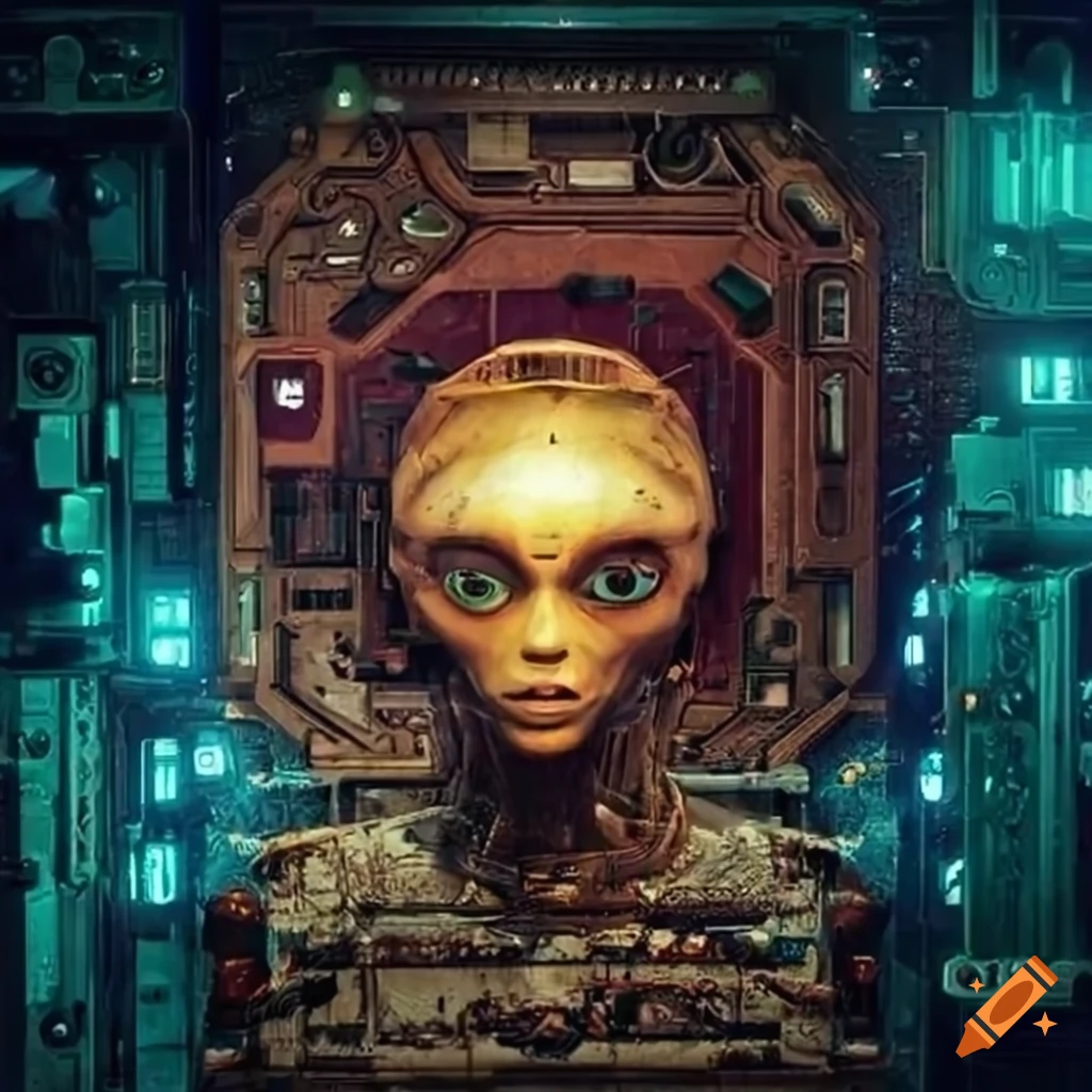 Surrealistic alien robot mother in the control room of an interstellar ...