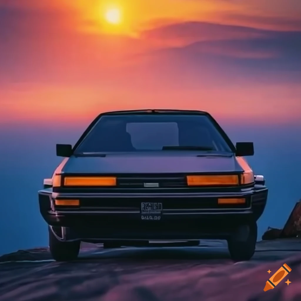 Toyota ae86 parked on a mountain pass at sunset on Craiyon