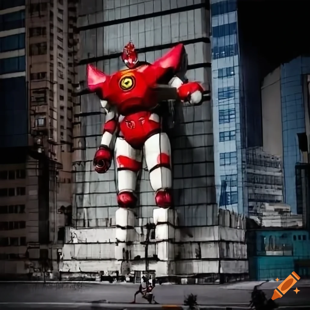 Go Nagai style manga illustration of a battling giant robot on Craiyon