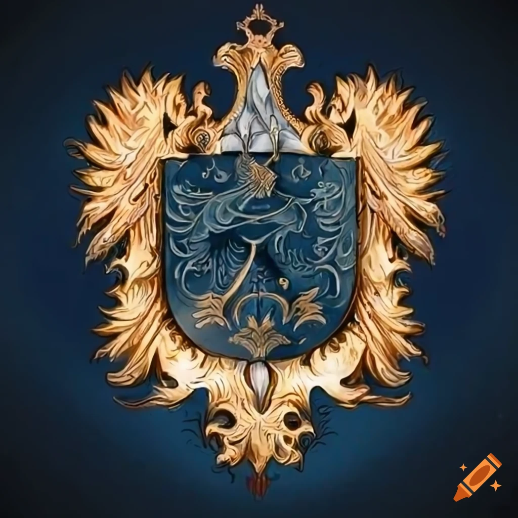 Crest of a great nation with a gold dragon and flaming sword on Craiyon