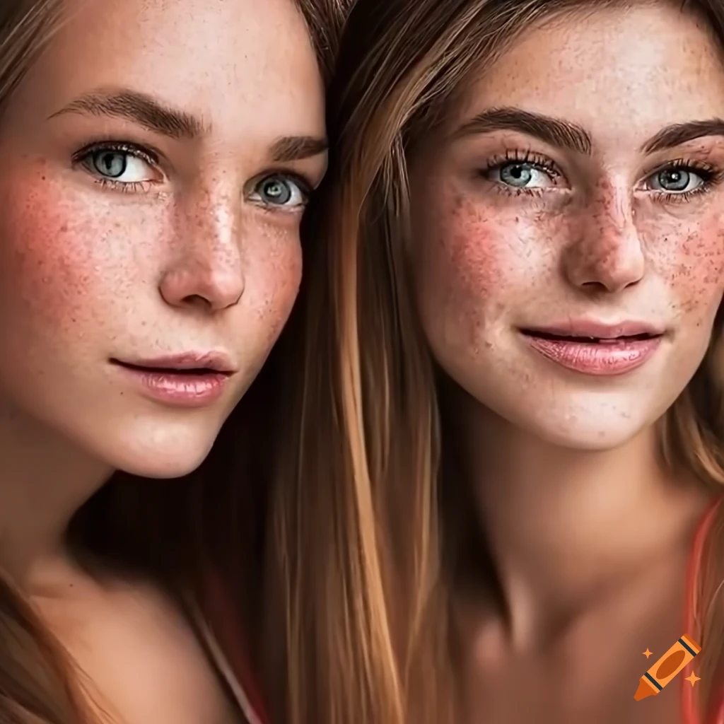 Portrait of two young women with freckles on Craiyon