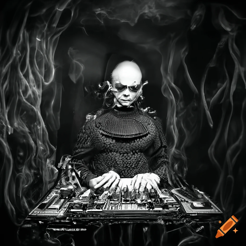 Black and white photo of an alien dj playing underwater on Craiyon