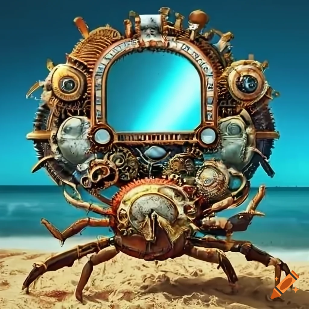 Steampunk machines crabes with television screen on a beach with ...
