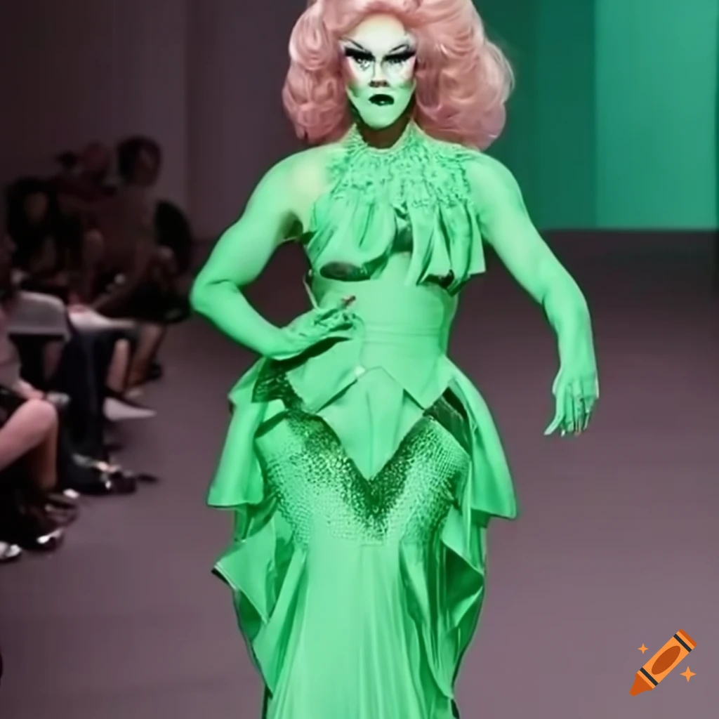 Fierce drag queen in green costume on the runway on Craiyon