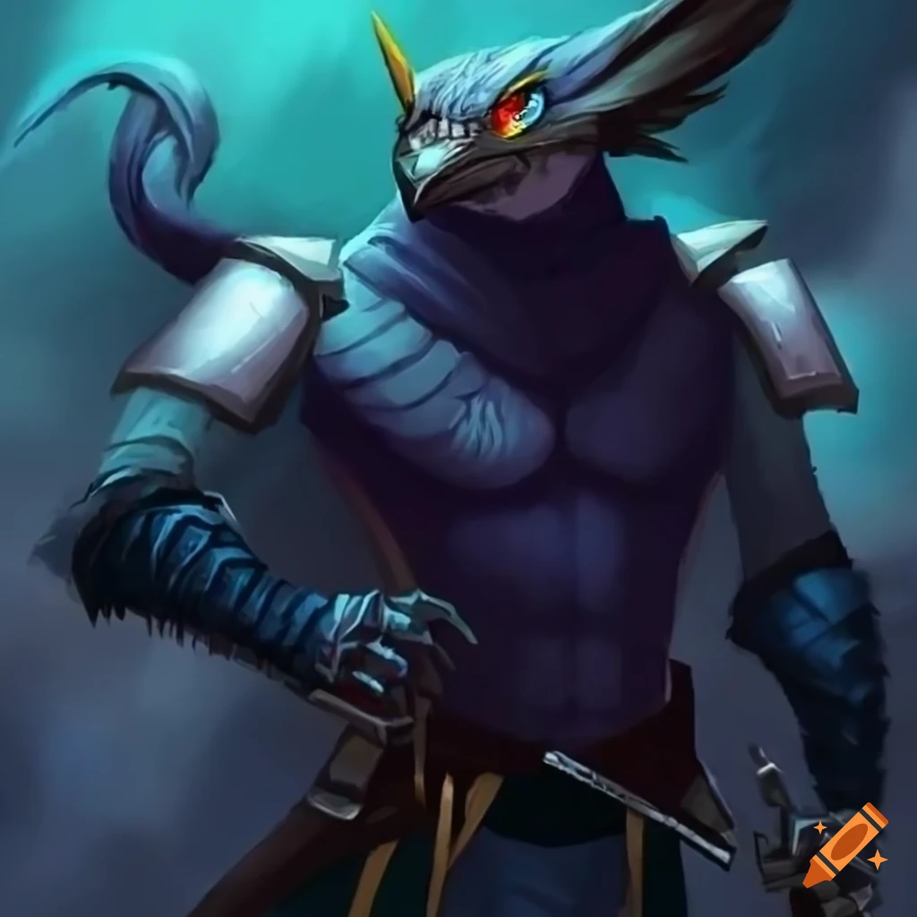 Illustration of a male bird-humanoid paladin on Craiyon
