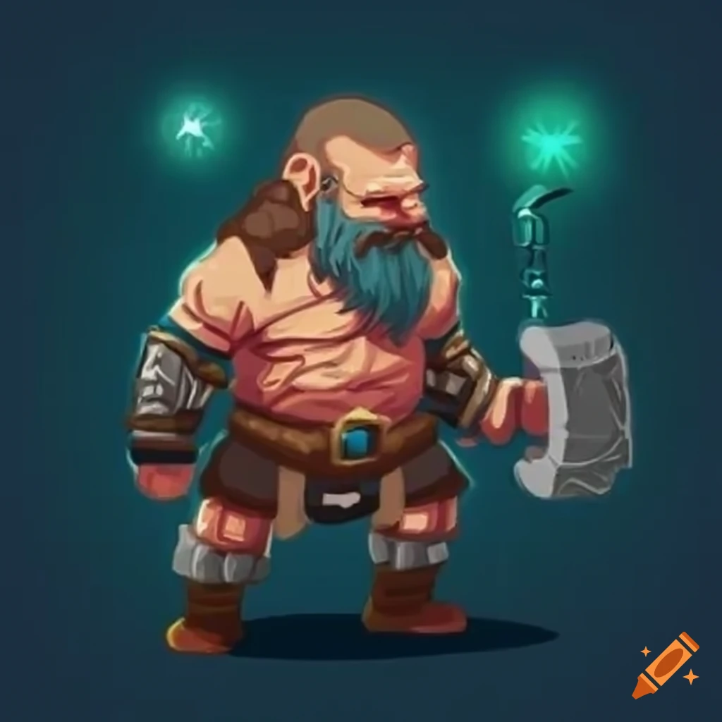 Dwarf warrior in chainmail with a magical hammer on Craiyon