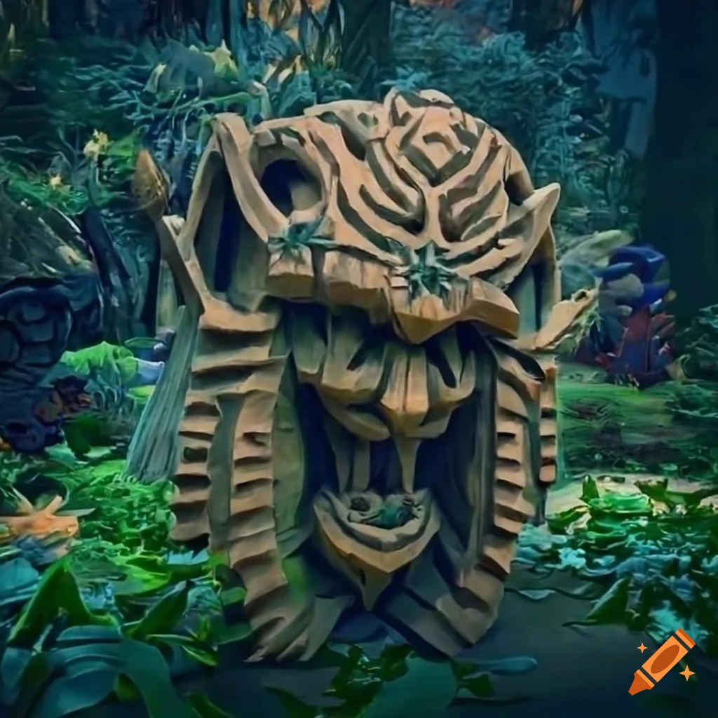 Carving of a zelda game boss in a labyrinth garden on Craiyon