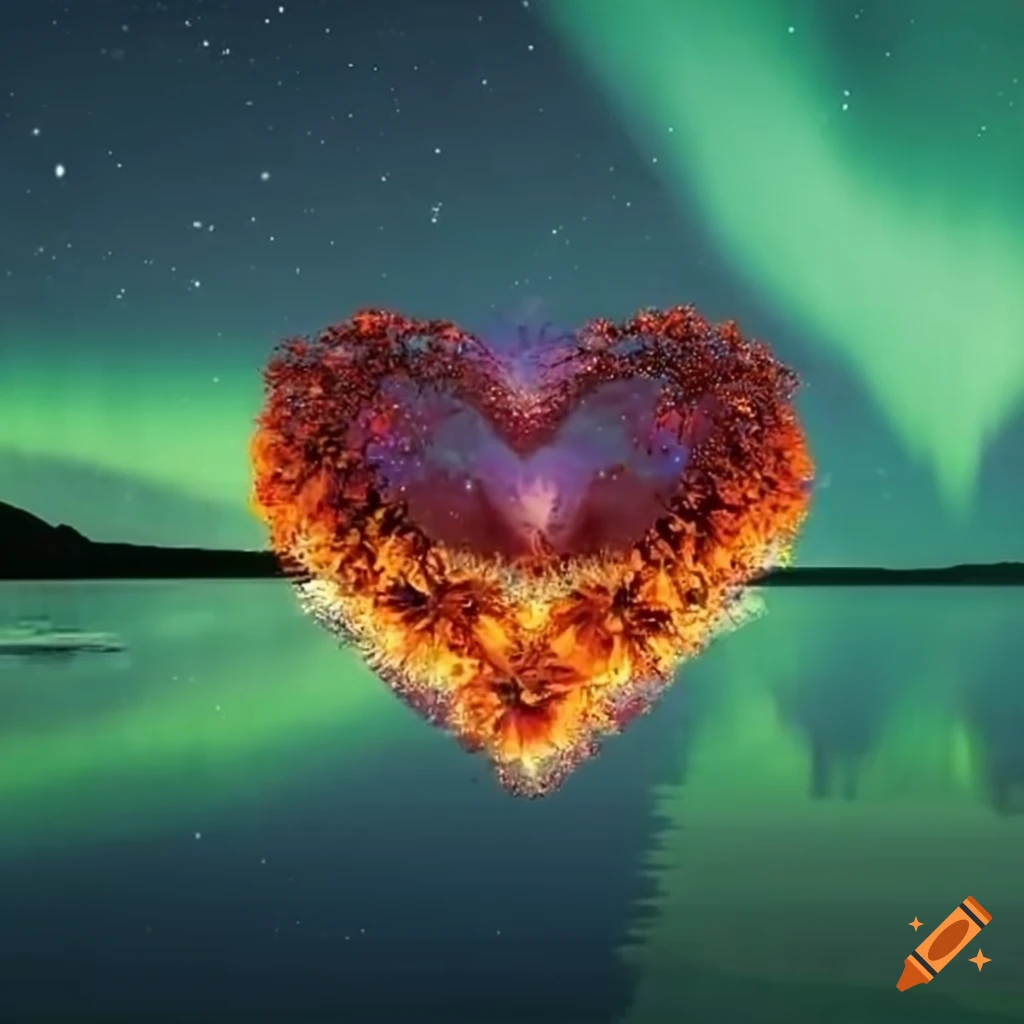 Artistic depiction of a fiery heart with flowers and water
