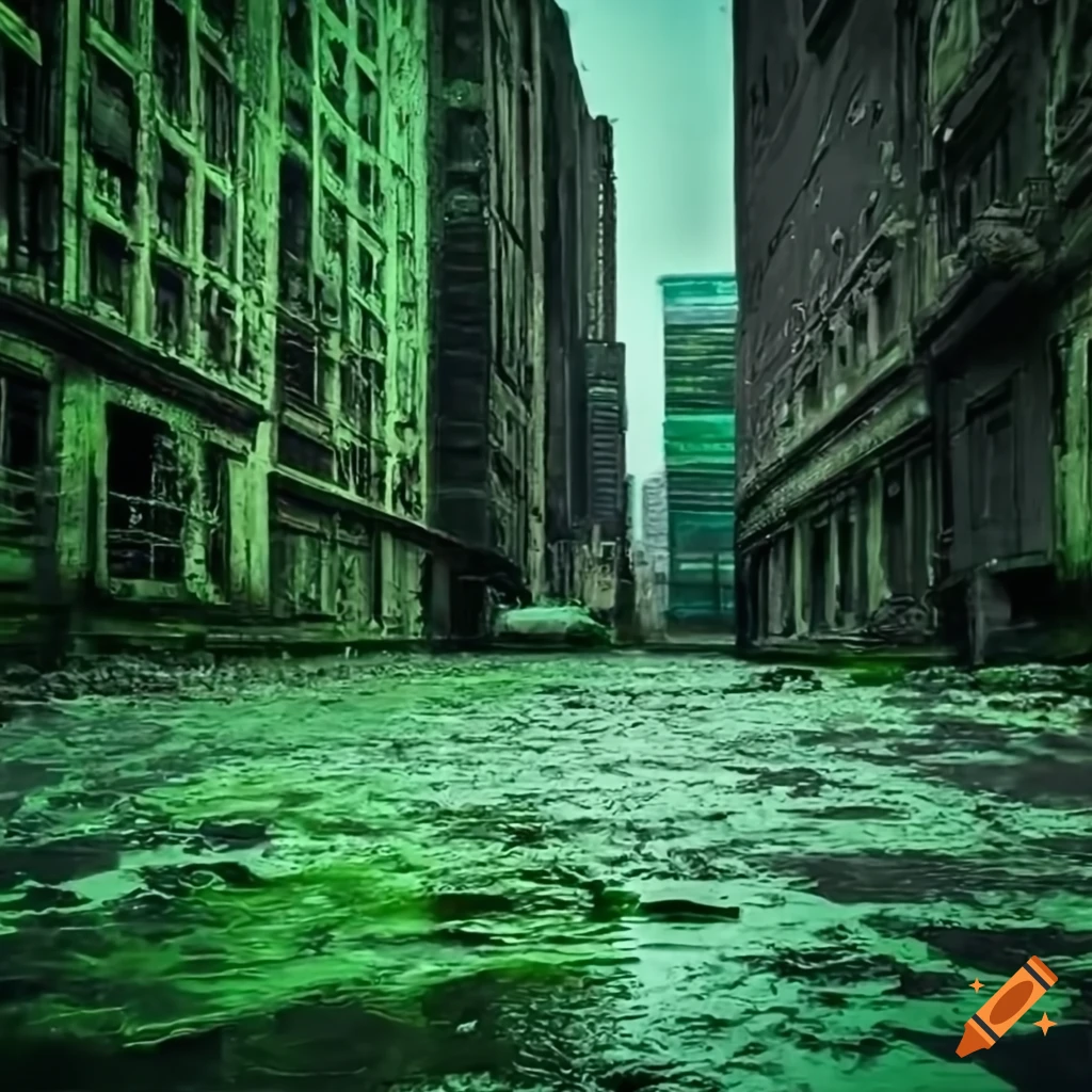 Post-apocalyptic milan city ruins with green toxic puddles on Craiyon