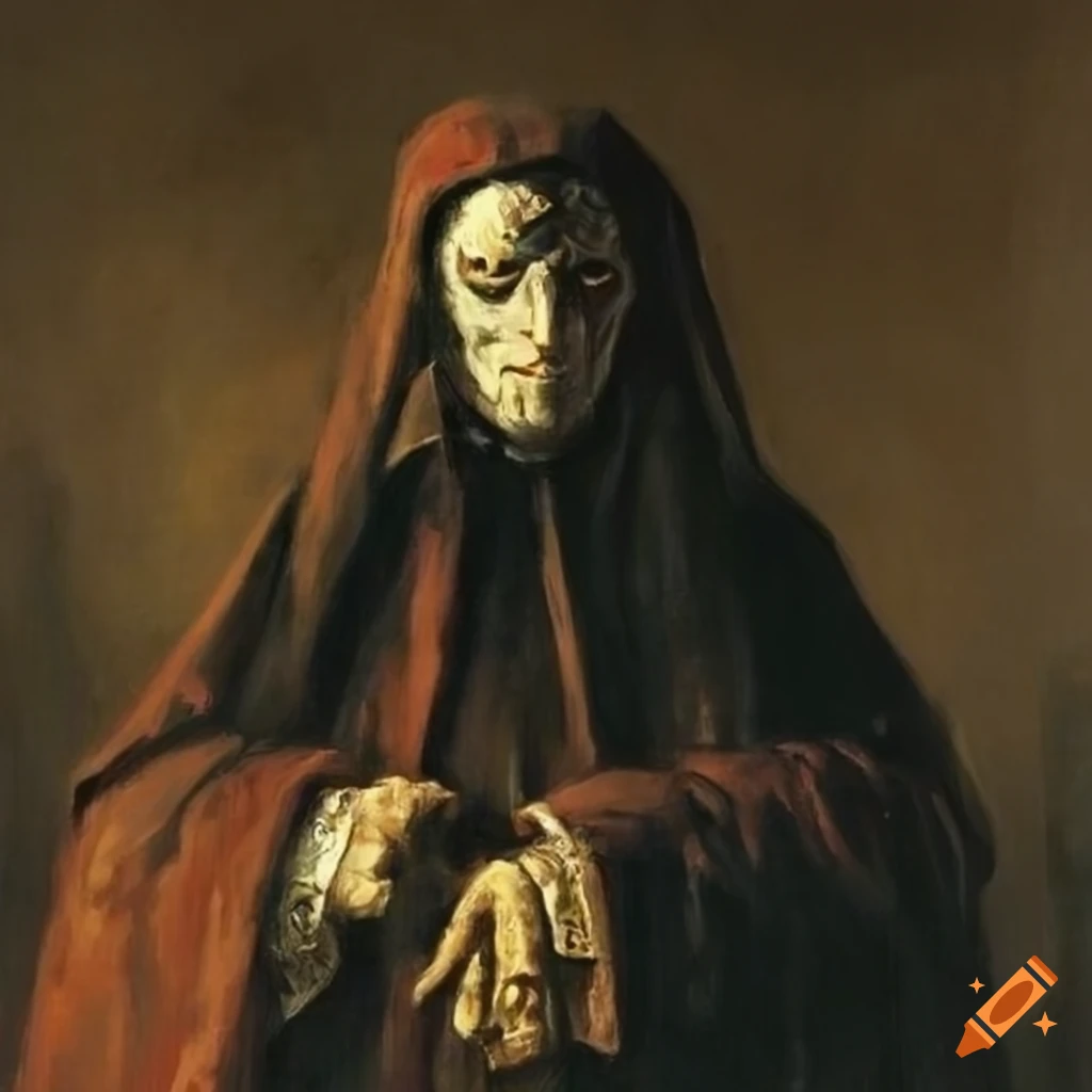 Dark painting of a priest in 1700s clothing standing on Craiyon