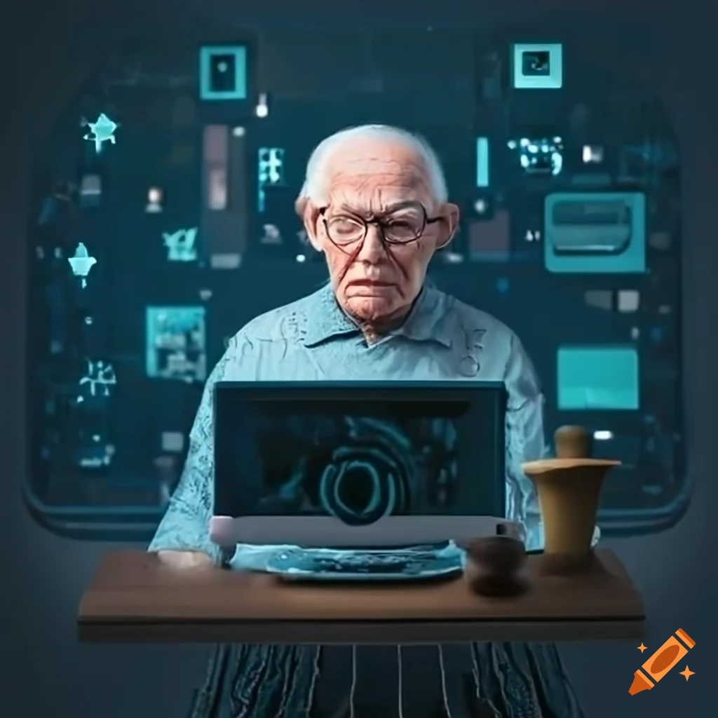 A lonely older man watching anime in his computer on Craiyon