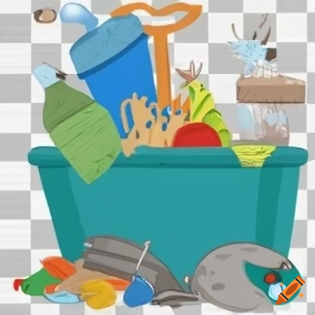 Cartoon illustration of trash on the beach on Craiyon