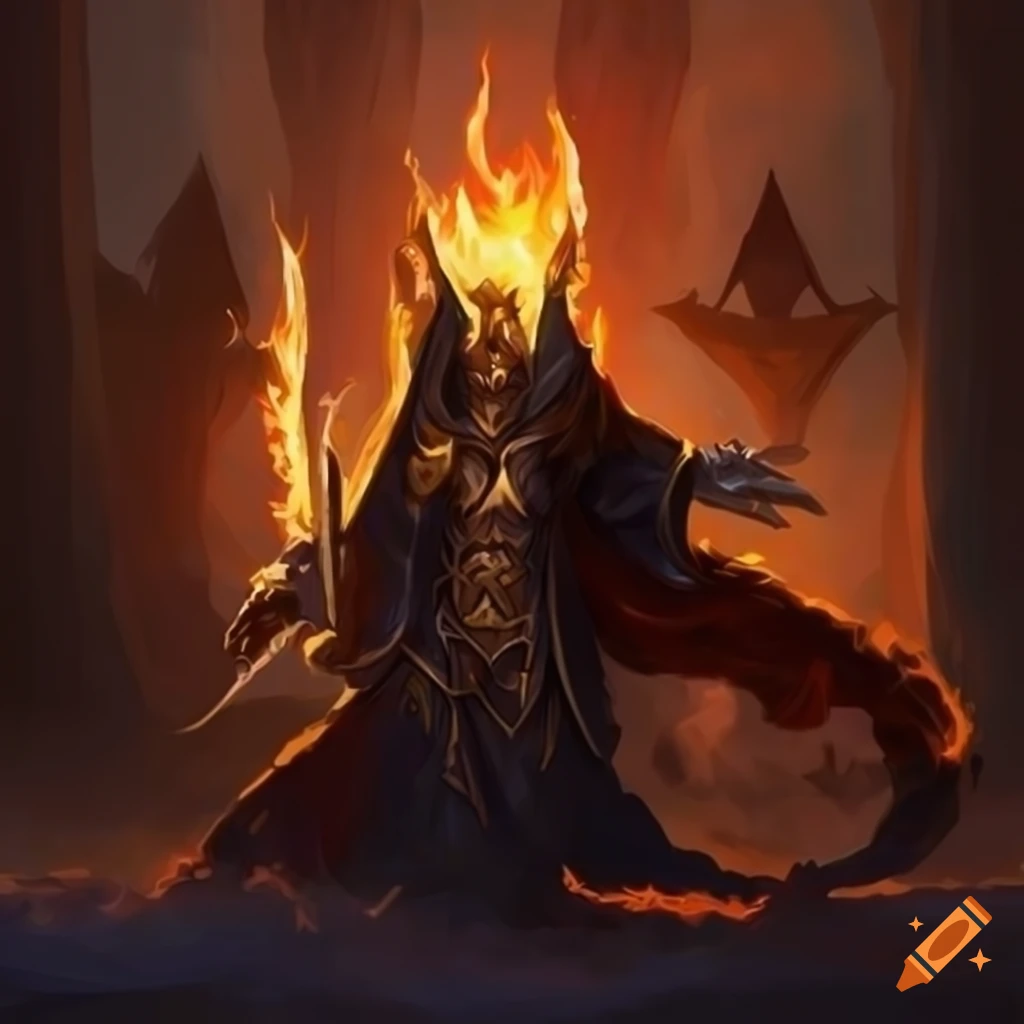 Artwork of a fiery sword-wielding aasimar on Craiyon