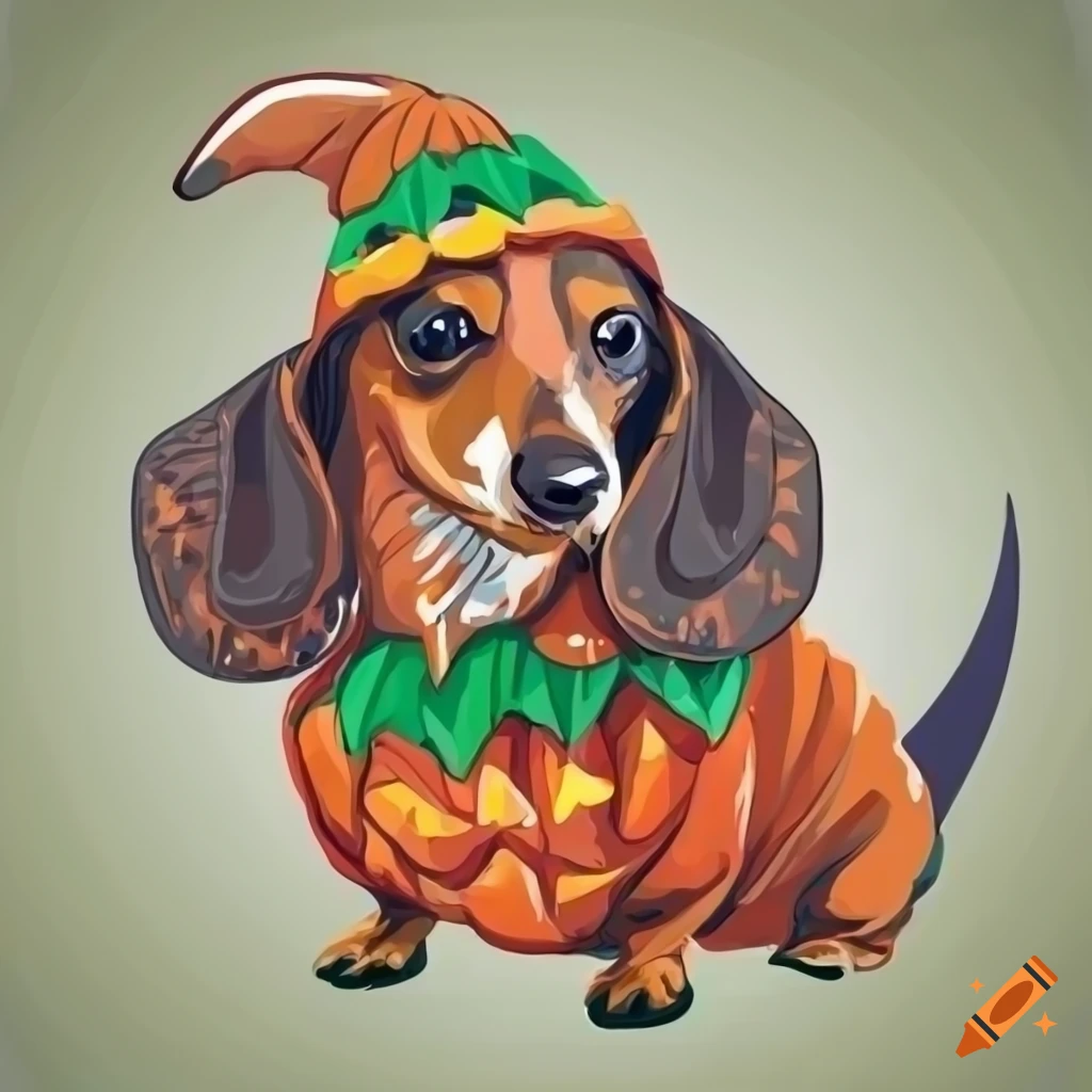Dachshund wearing a pumpkin costume vector art on Craiyon