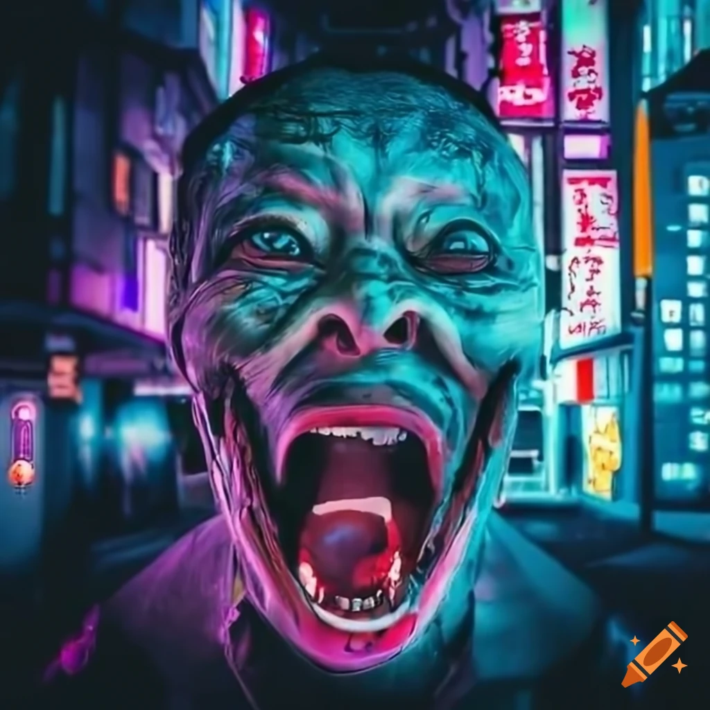 Cyberpunk city in the shape of a screaming face