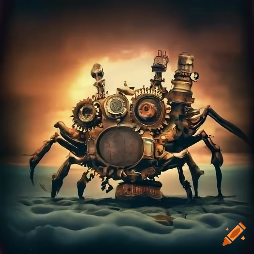 Steampunk crab machines on a beach with surreal clouds on Craiyon