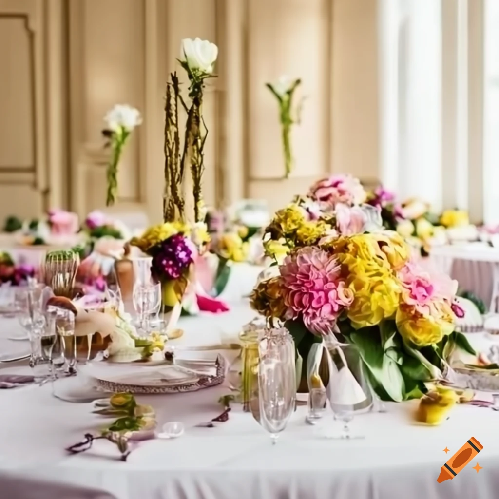 Table set for a gala event with dahlia flowers on Craiyon