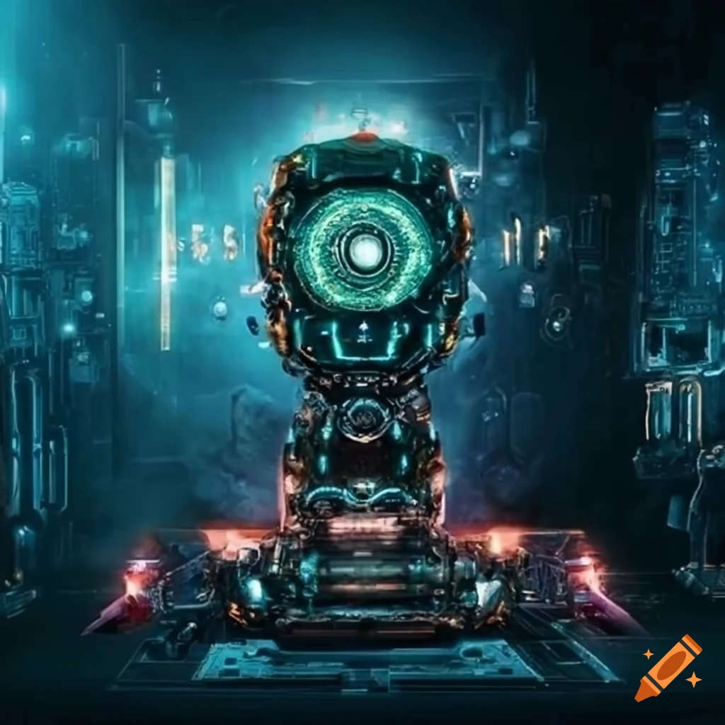 Surrealist artwork of alien machines in front of computer boards on Craiyon