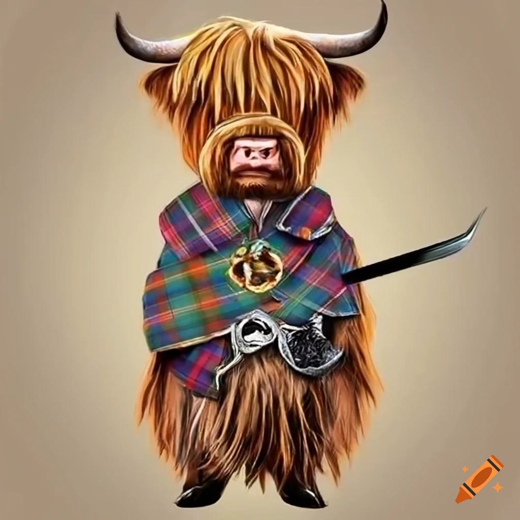 Highland cow wearing a scottish kilt and sword on Craiyon