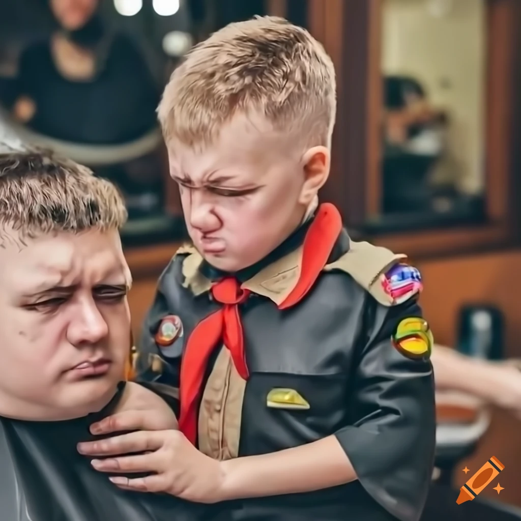 Boy scout getting a haircut in a barbershop on Craiyon