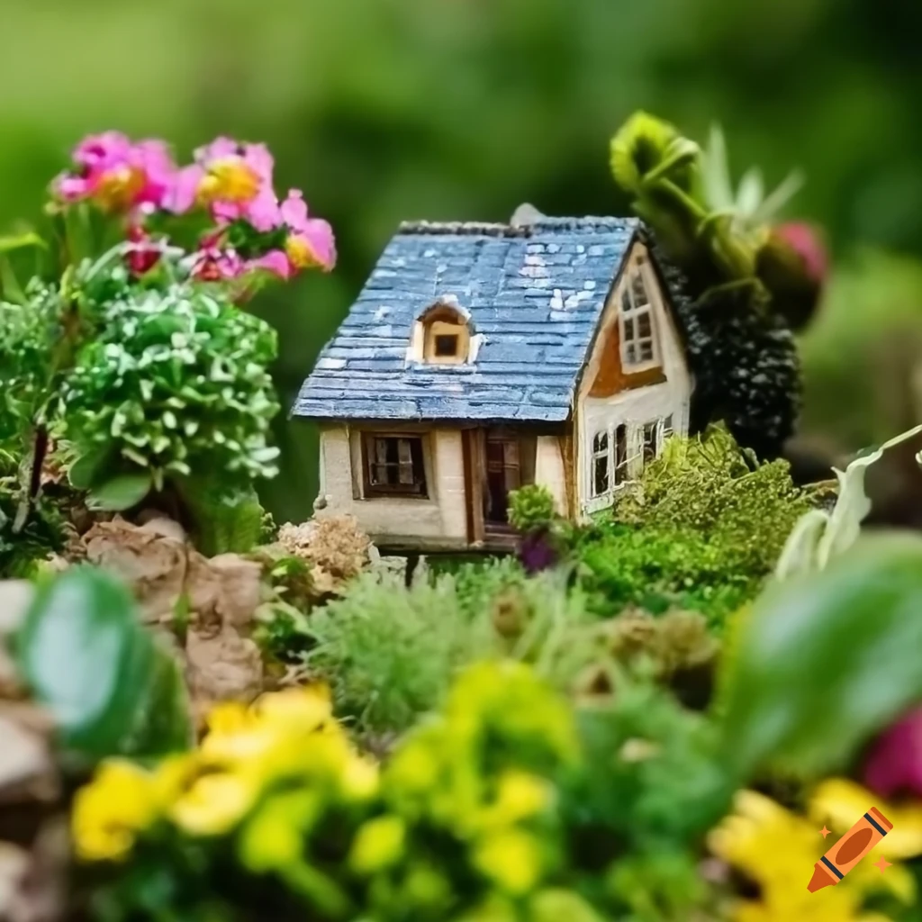 Detailed diorama of a miniature house with surrounding plants and flowers