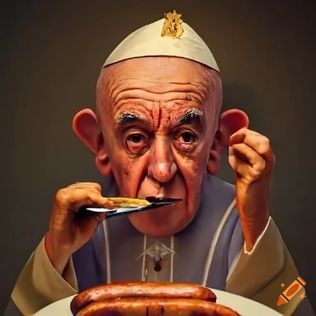 Satirical artwork of the Pope and a bratwurst on Craiyon
