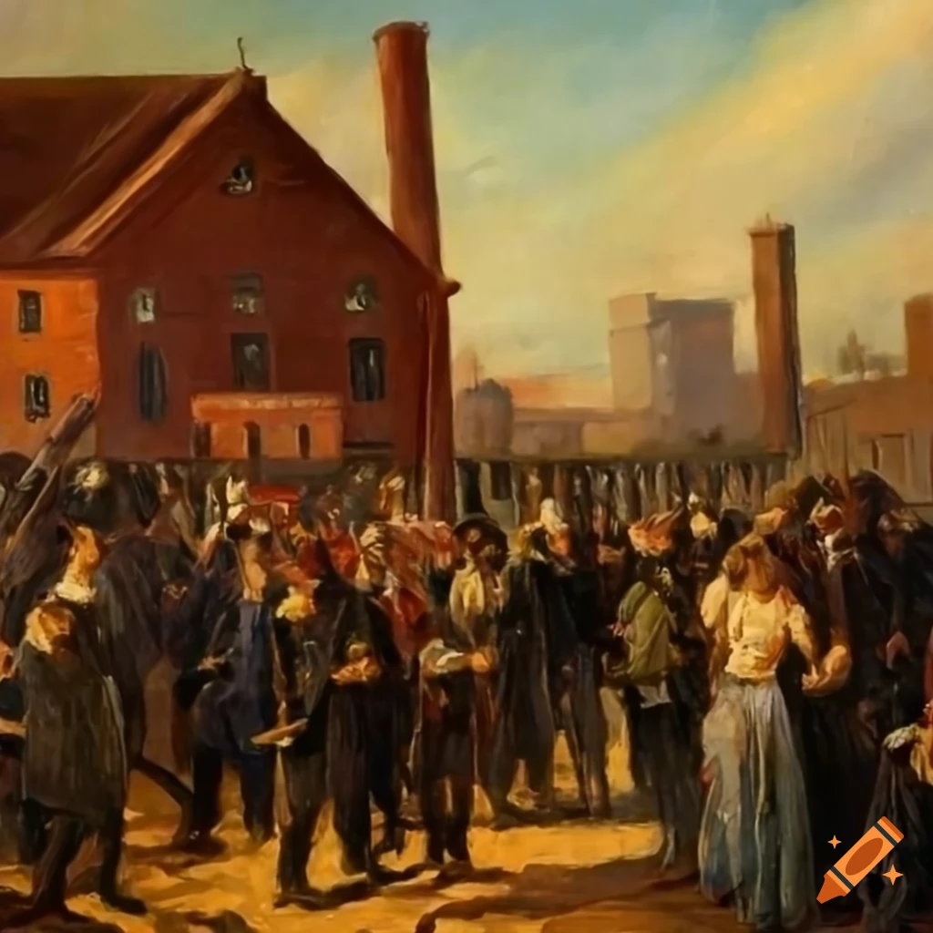 Oil painting of a protest outside factory on Craiyon