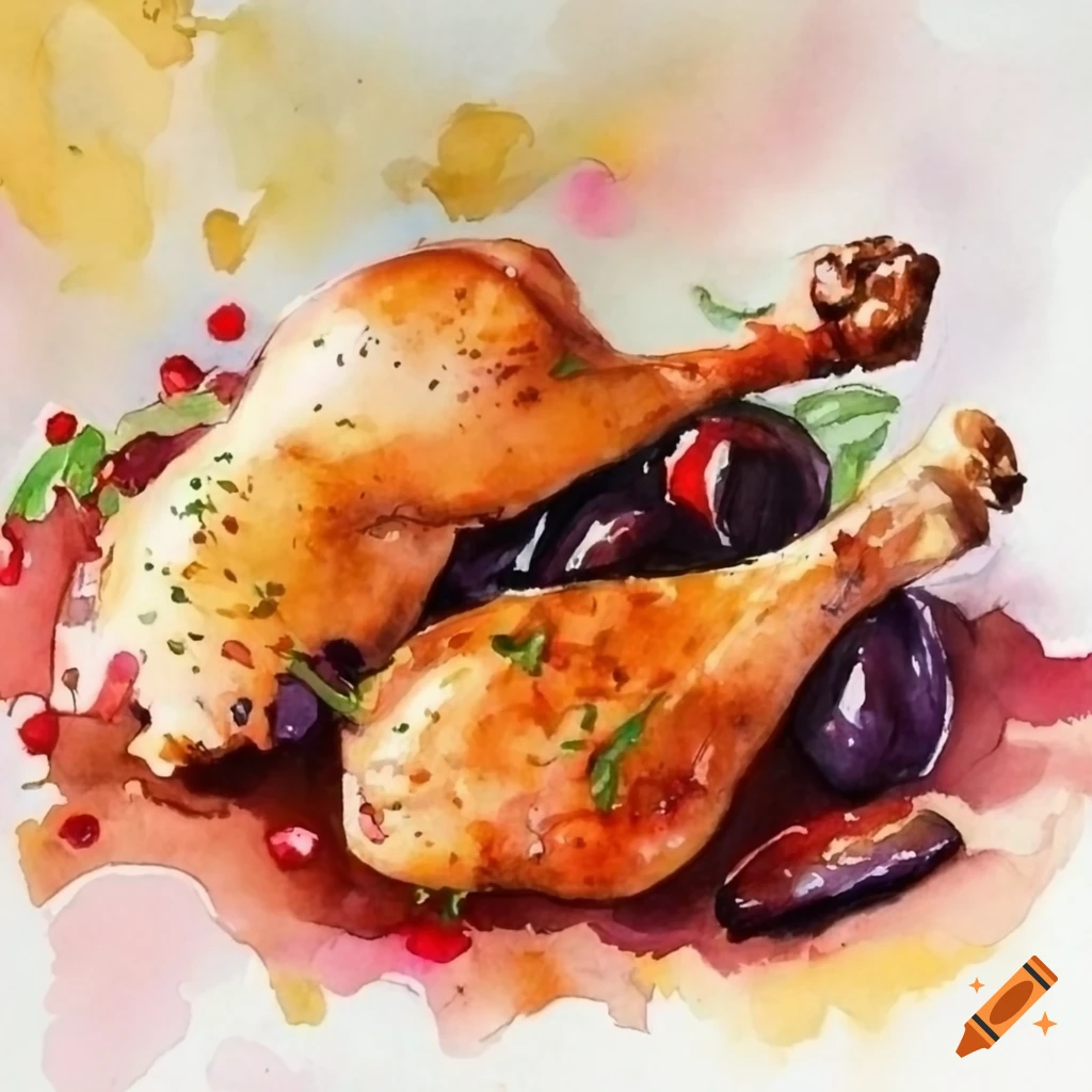 Watercolor painting of chicken legs with potatoes, prunes, and ...