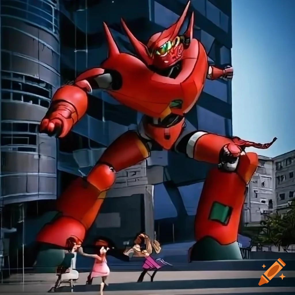 Go Nagai style manga illustration of a piloted giant robot in a battle ...