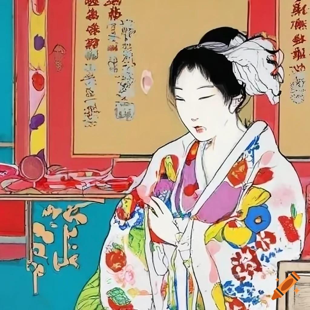 Colorful manga ink sketch of a Japanese woman on Craiyon