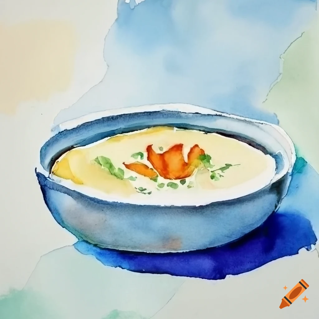 Watercolor painting of a white cream soup on Craiyon