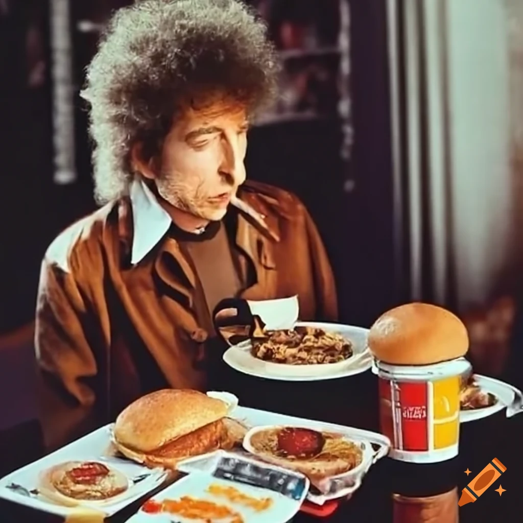 Bob dylan enjoying a meal at a fast food restaurant on Craiyon