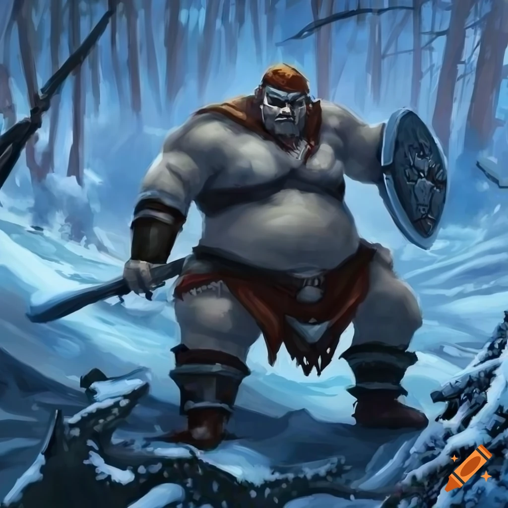 Epic fantasy scene with a human fighter and polar bear in snowy ...