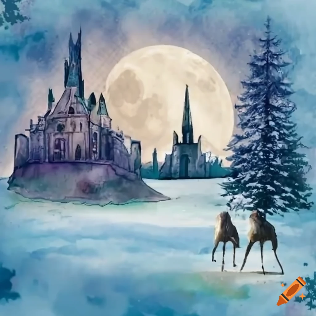 Game scene with winter castles under a full moon
