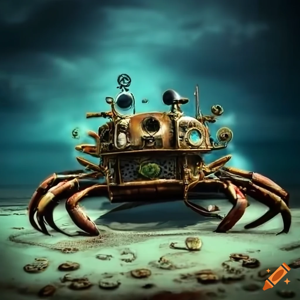 Surreal steampunk crab machines on the beach on Craiyon