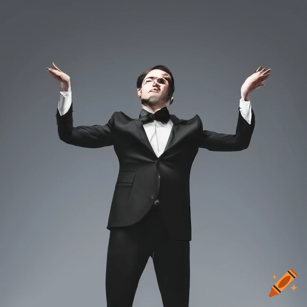 Conductor in black suit with arms raised on Craiyon