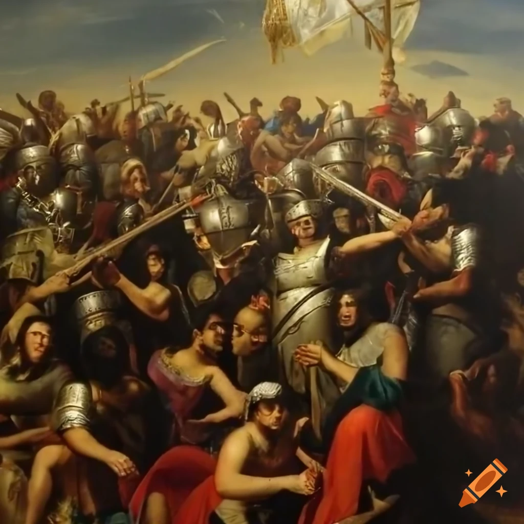 Renaissance painting depicting a large battle with men holding spears ...